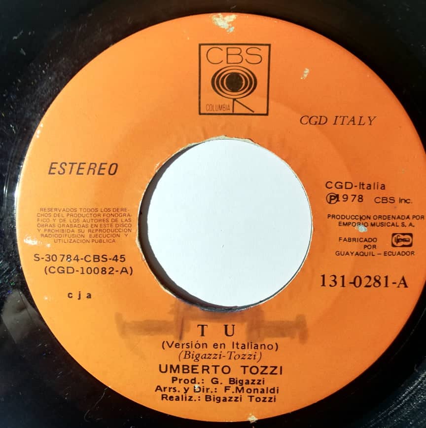 Umberto Tozzi - Tu (Italiano) / Tu (Español) Vinilo